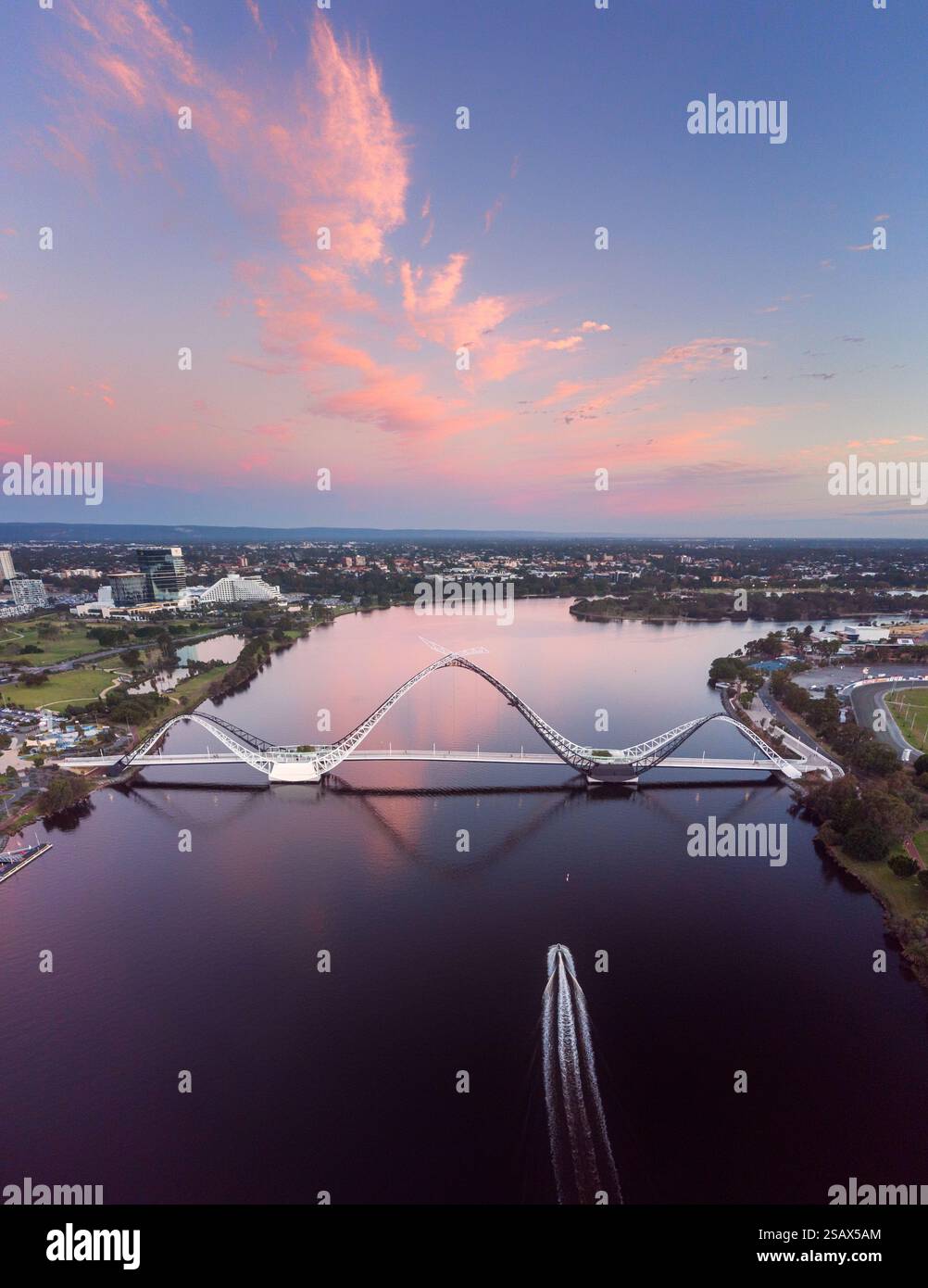 Aerial view of Matagarup bridge in East Perth at sunrise Stock Photo ...