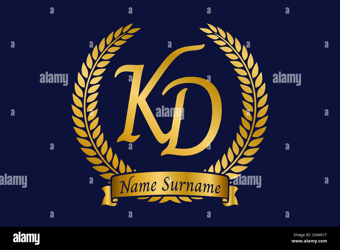 Initial letter K and D, KD monogram logo design with laurel wreath. Luxury golden emblem with ...