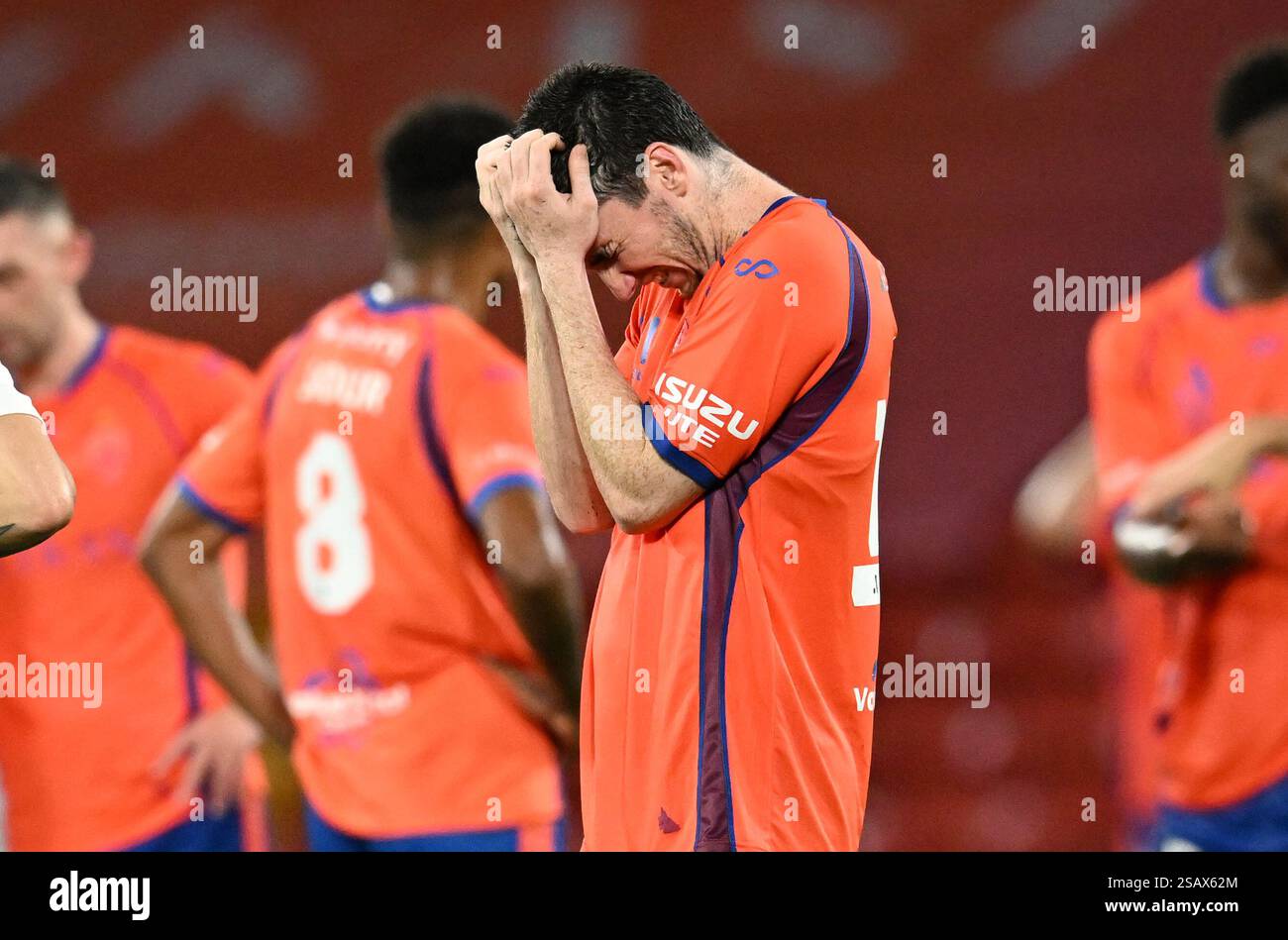 Brisbane, Australia. 31st Jan, 2025. Henry Hore of the Roar reacts ...
