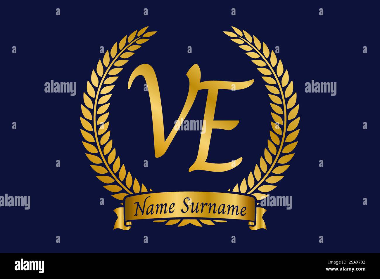Initial letter V and E, VE monogram logo design with laurel wreath. Luxury golden emblem with ...