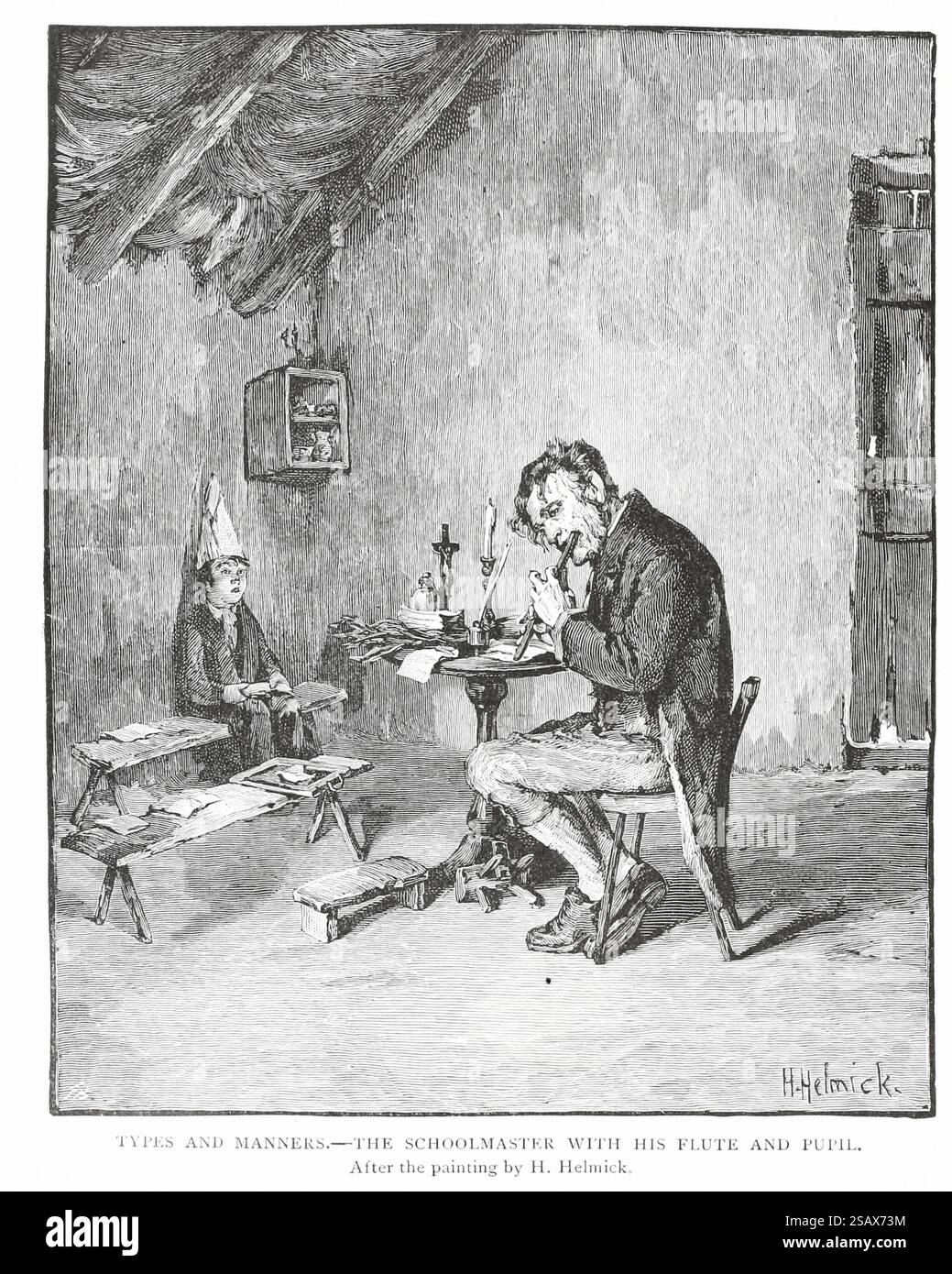 THE SCHOOLMASTER WITH HIS FLUTE AND PUPIL. After the painting by Howard ...