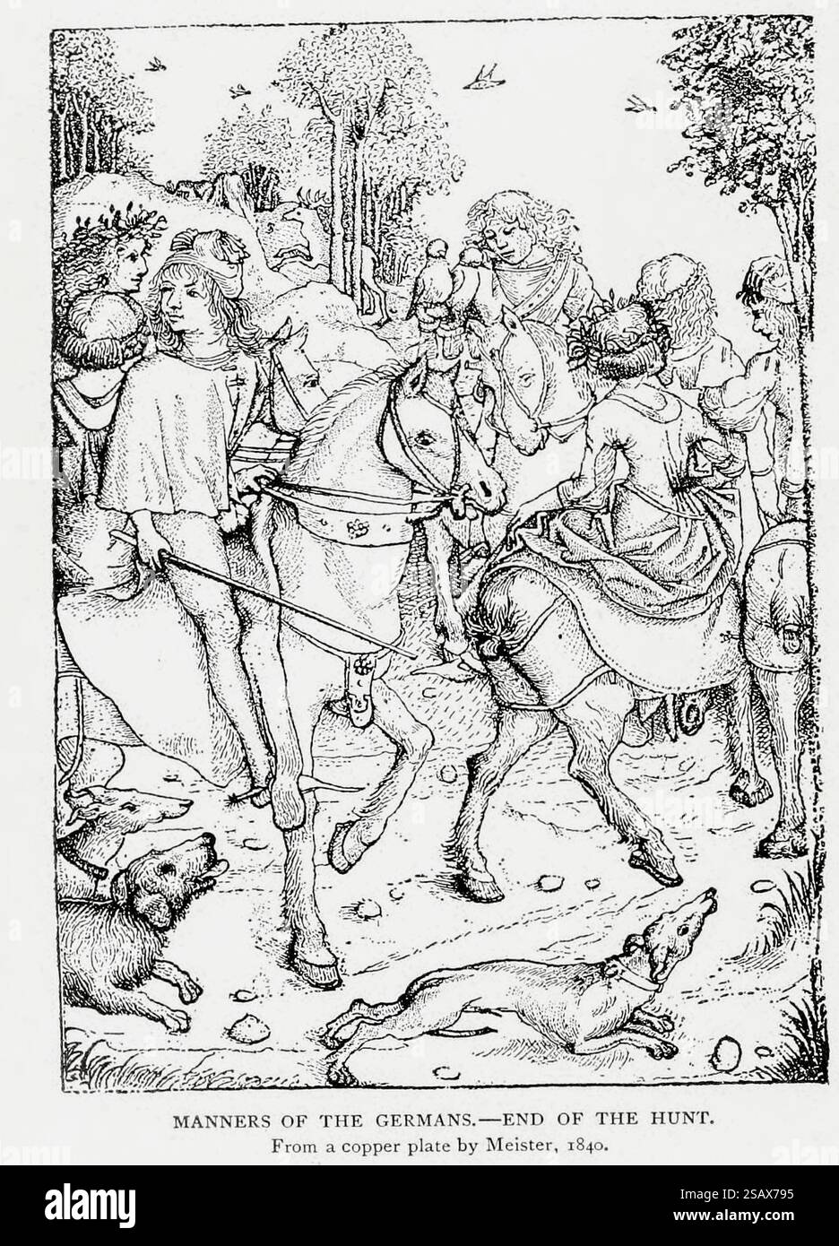 MANNERS OF THE GERMANS. END OF THE HUNT. From a copper plate by Meister ...