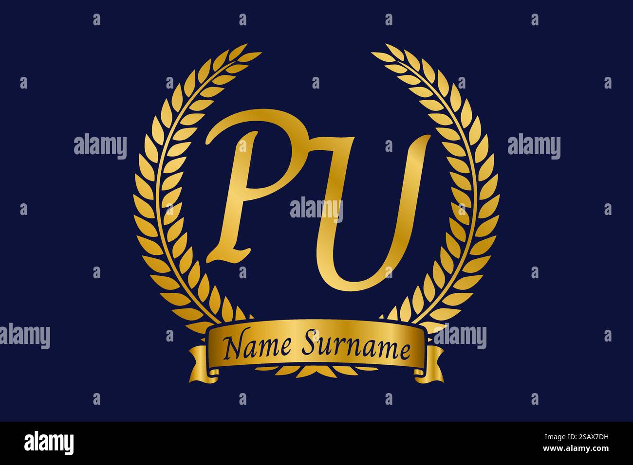 Initial letter P and U, PU monogram logo design with laurel wreath. Luxury golden emblem with ...