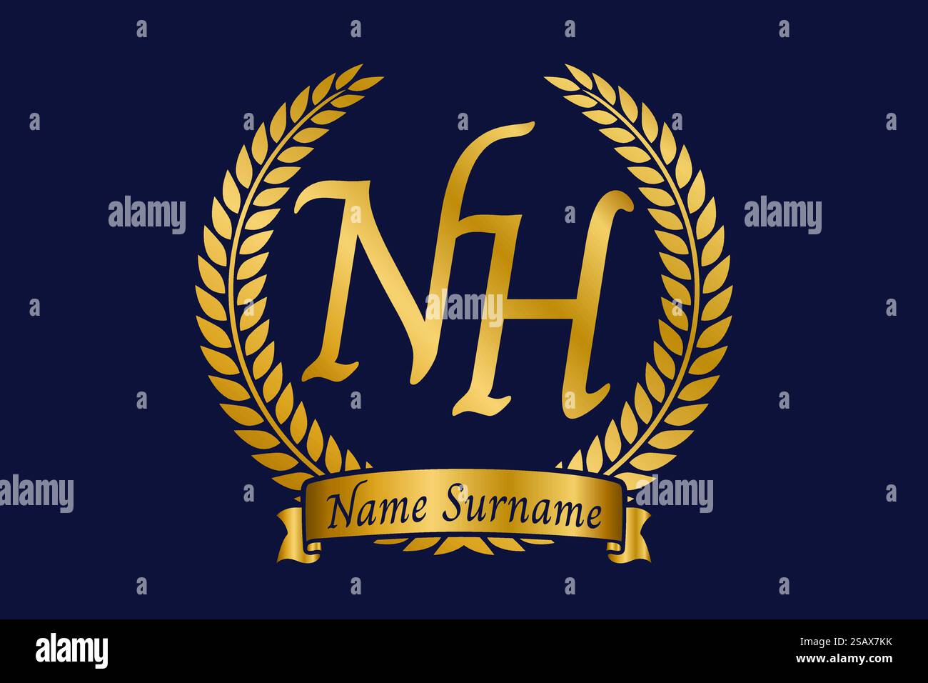 Initial letter N and H, NH monogram logo design with laurel wreath. Luxury golden emblem with ...