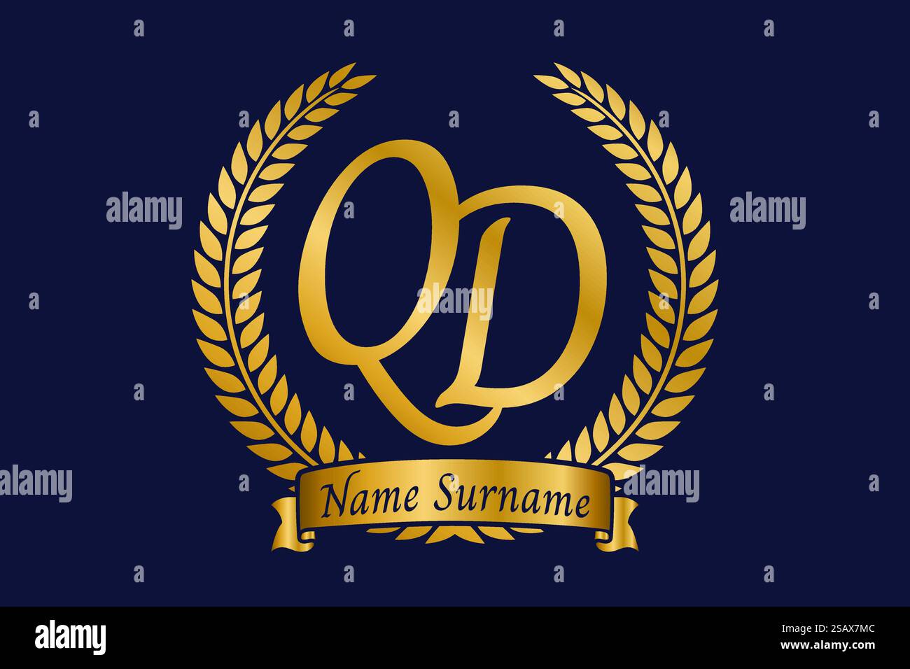 Initial letter Q and D, QD monogram logo design with laurel wreath. Luxury golden emblem with ...
