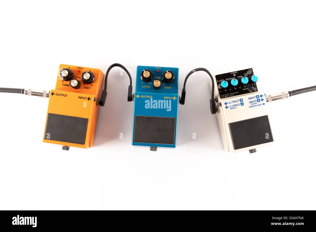 Electric guitar effects pedals isolated on white background, music ...