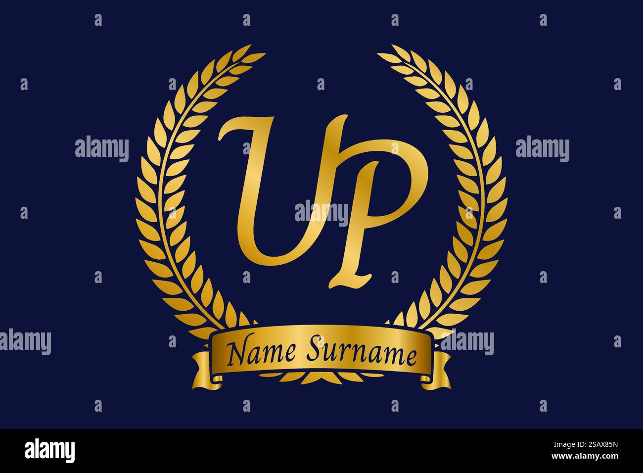 Initial letter U and P, UP monogram logo design with laurel wreath. Luxury golden emblem with ...