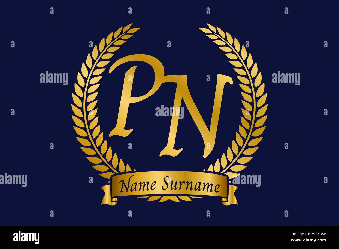 Initial letter P and N, PN monogram logo design with laurel wreath. Luxury golden emblem with ...