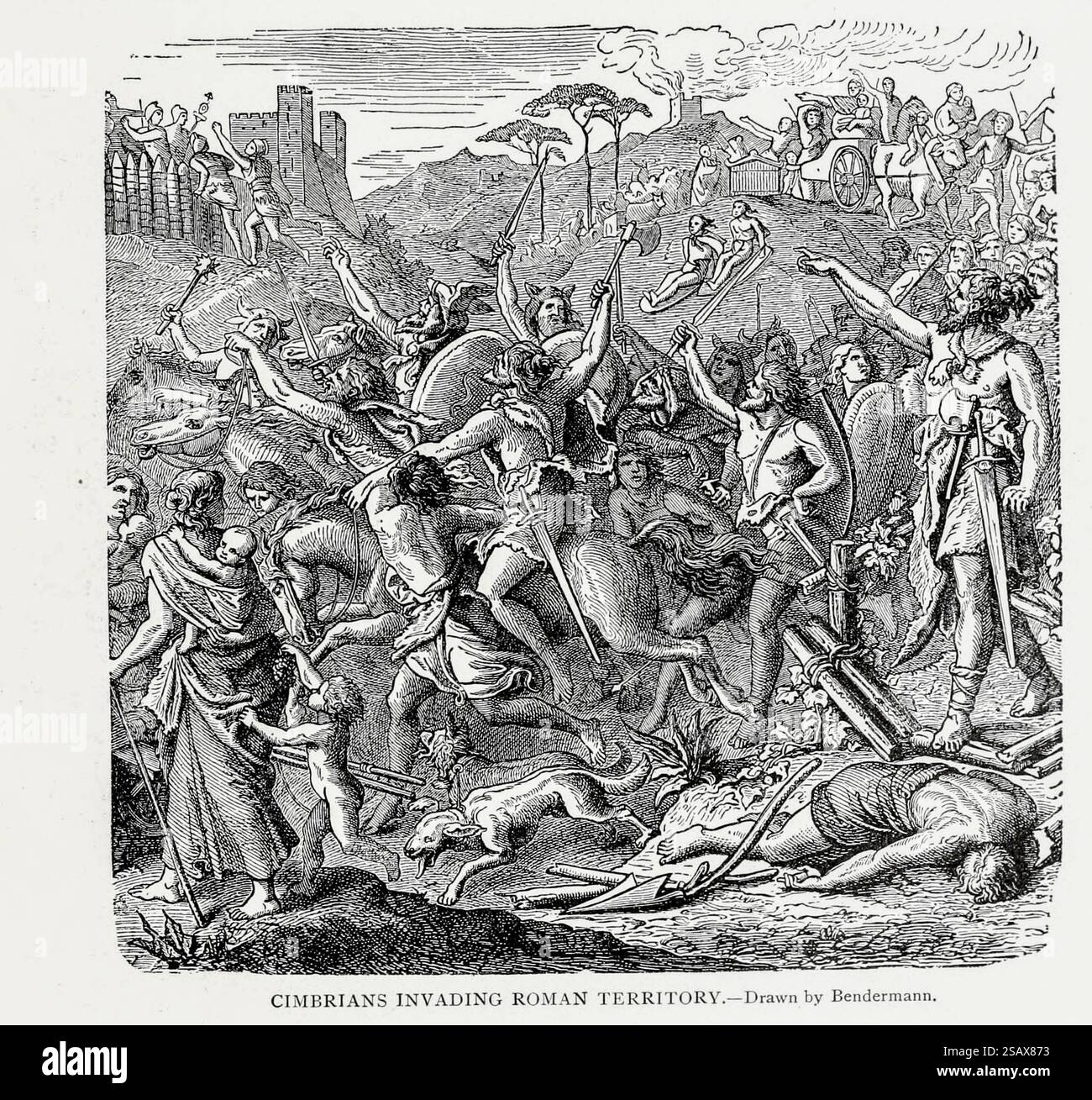 CIMBRIANS INVADING ROMAN TERRITORY. -Drawn by Bendermann. The Teutonic ...