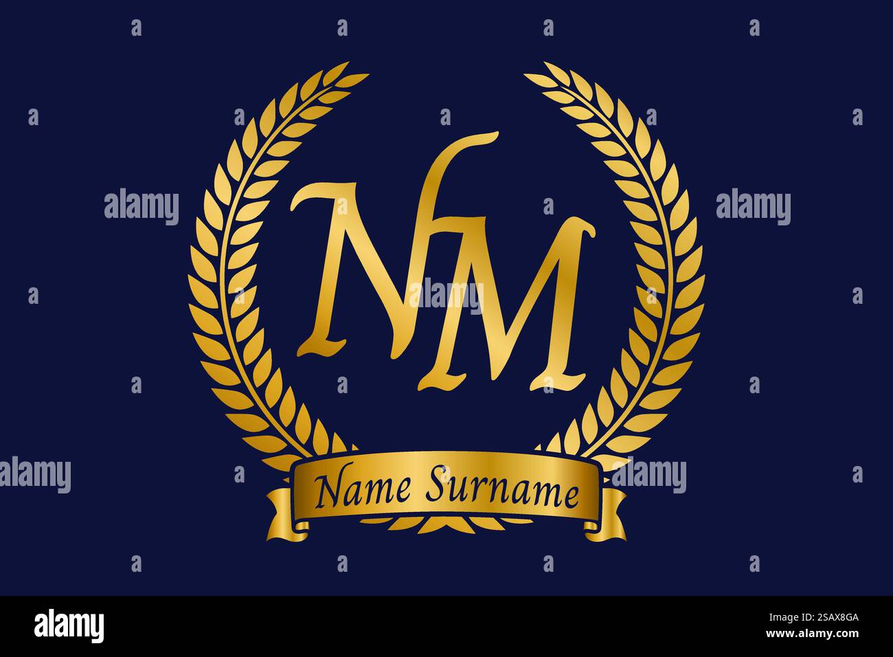 Initial letter N and M, NM monogram logo design with laurel wreath. Luxury golden emblem with ...