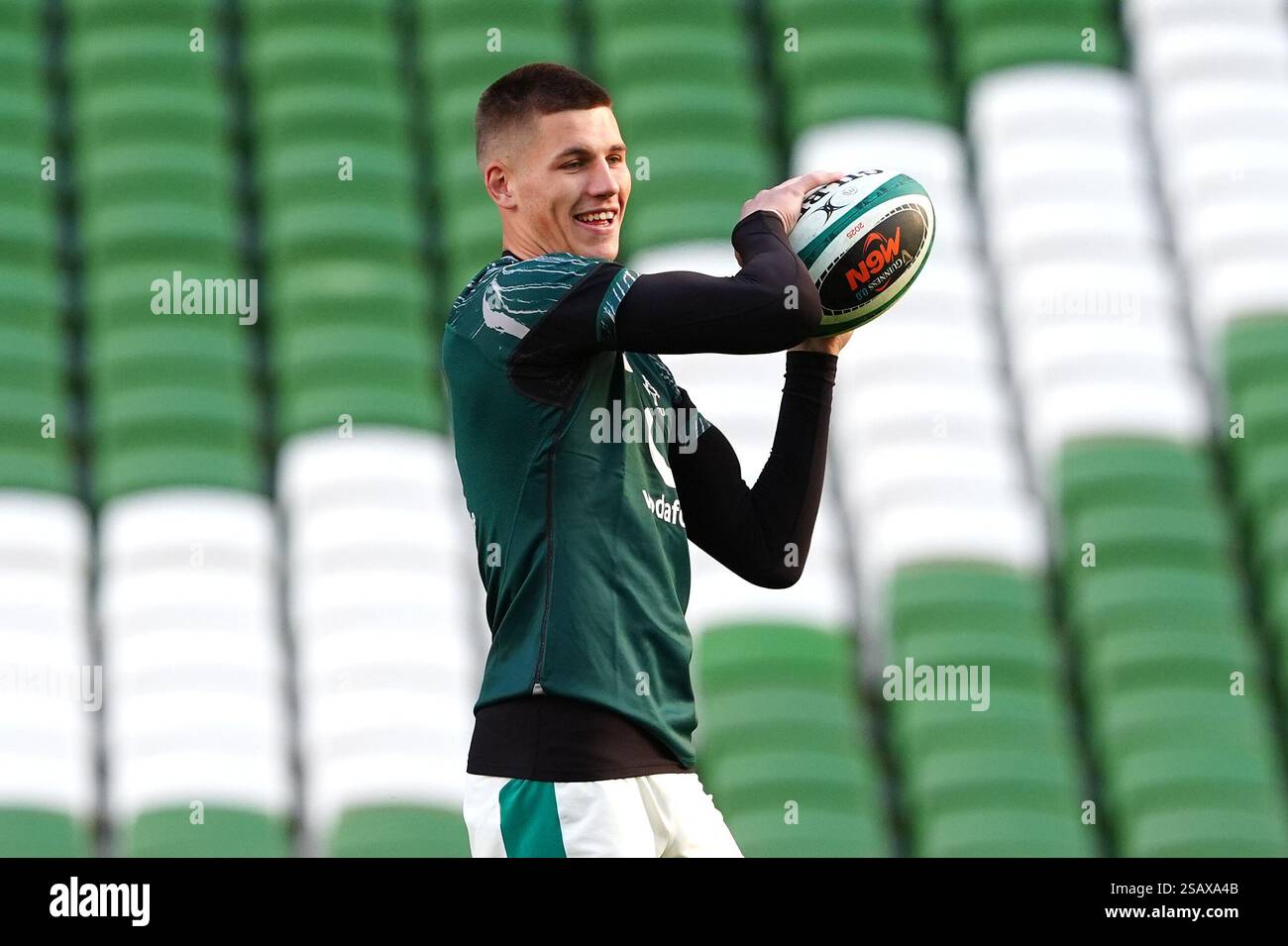 Ireland's Sam Prendergast during the captain's run at the Aviva Stadium ...