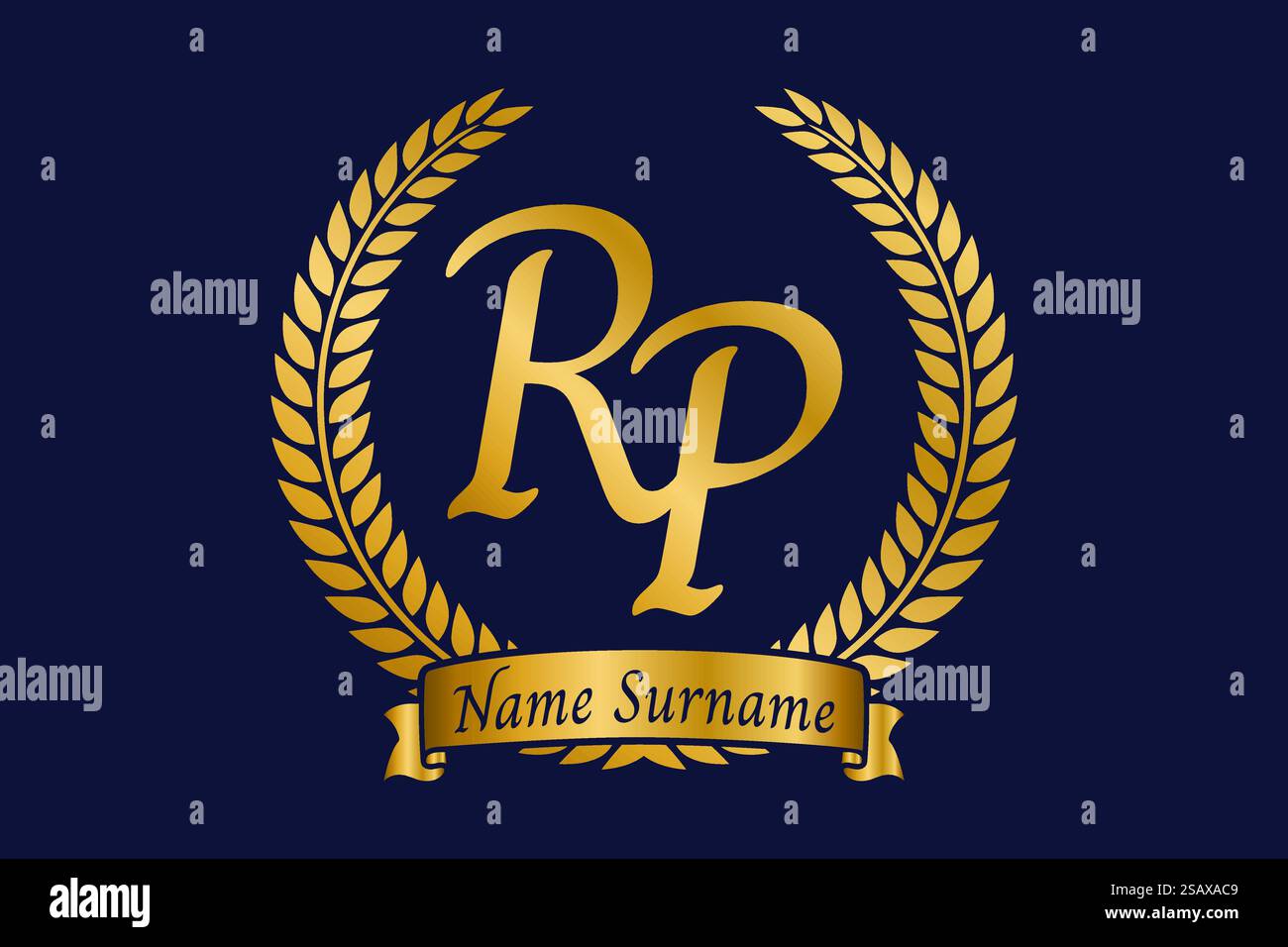 Initial letter R and P, RP monogram logo design with laurel wreath. Luxury golden emblem with ...