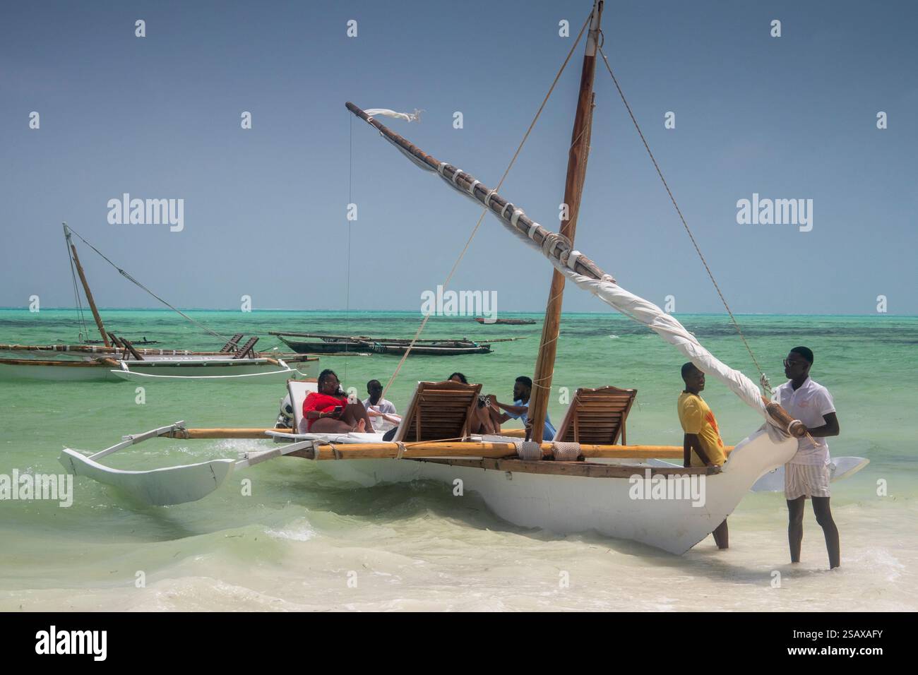 Africa Tanzania, Zanzibar, East Coast, Jambiani, beach, outrigger ...