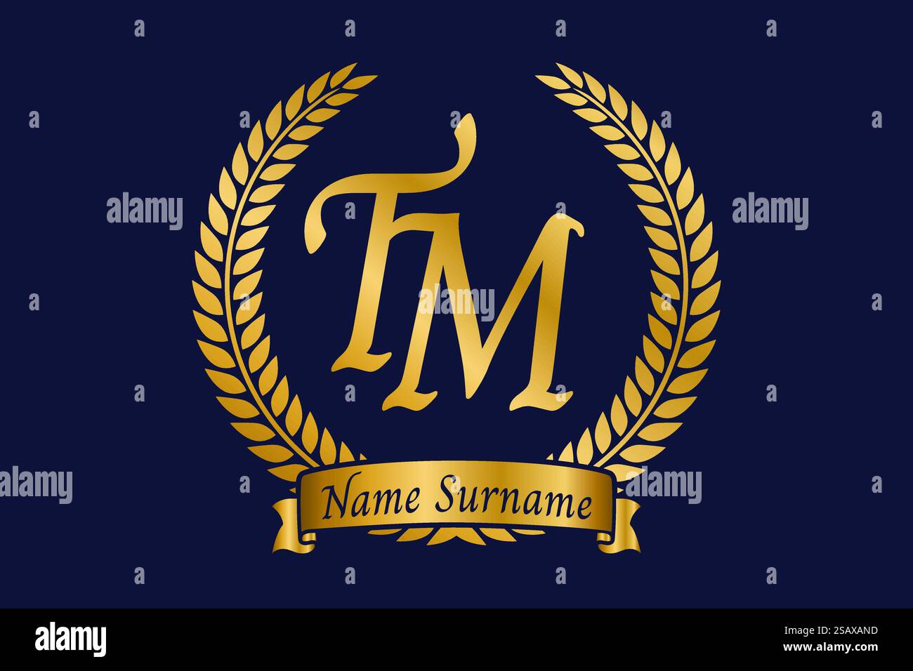 Initial letter T and M, TM monogram logo design with laurel wreath. Luxury golden emblem with ...