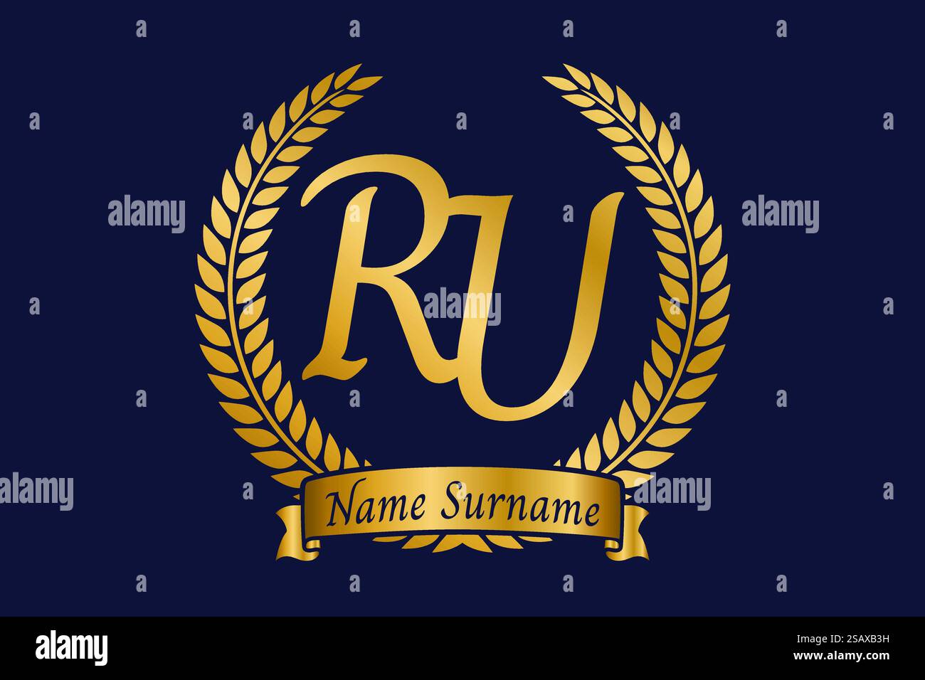 Initial letter R and U, RU monogram logo design with laurel wreath ...