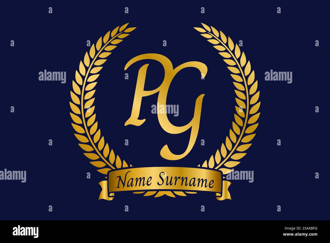 Initial letter P and G, PG monogram logo design with laurel wreath. Luxury golden emblem with ...