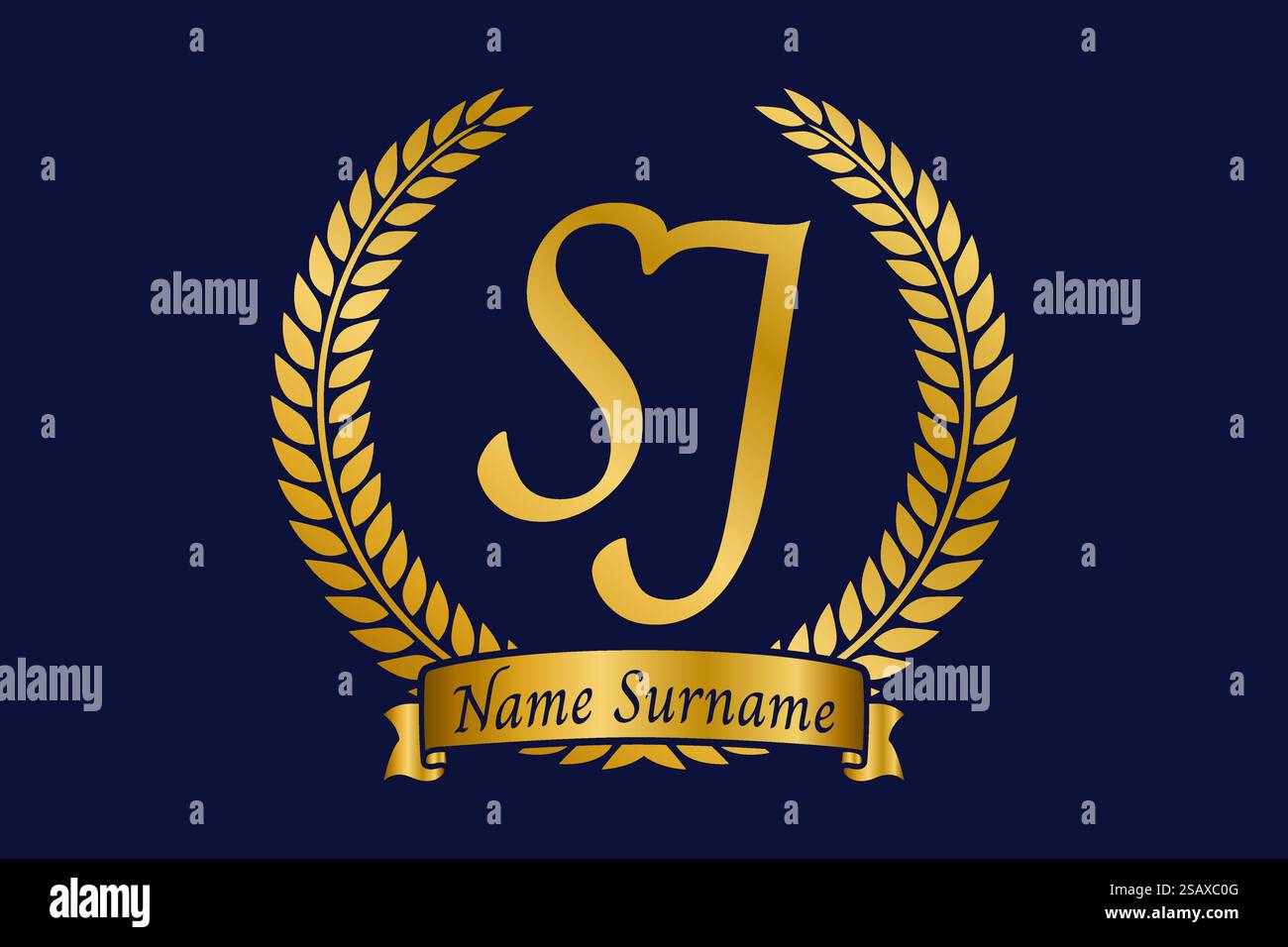 Initial letter S and J, SJ monogram logo design with laurel wreath. Luxury golden emblem with ...