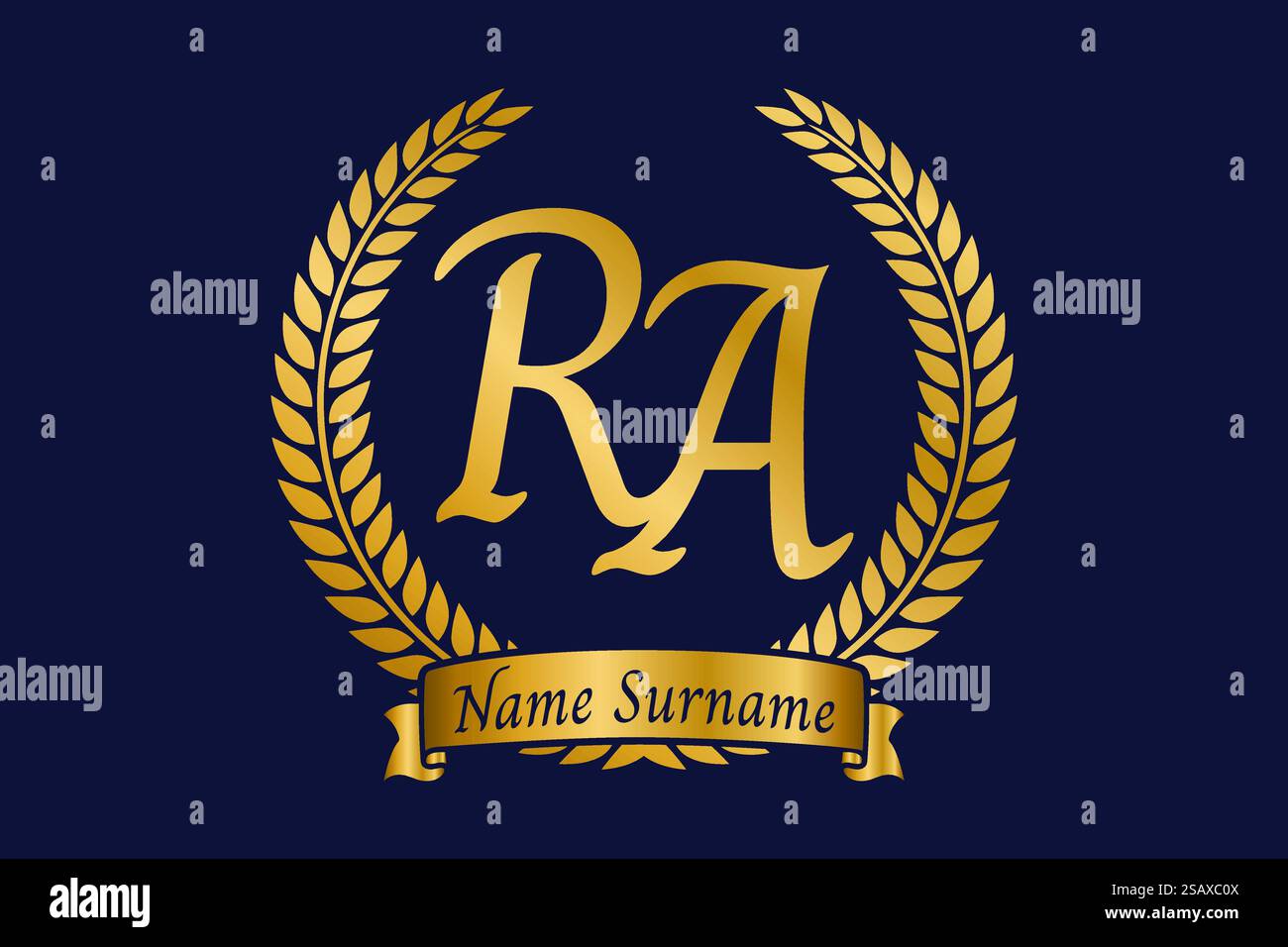 Initial letter R and A, RA monogram logo design with laurel wreath. Luxury golden emblem with ...