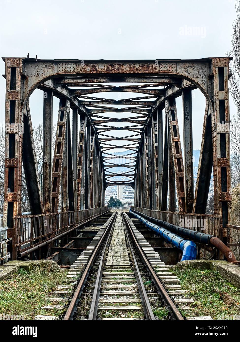 Timeless Passage: Old Metal Bridge and Rail Road in Frame Perspective ...