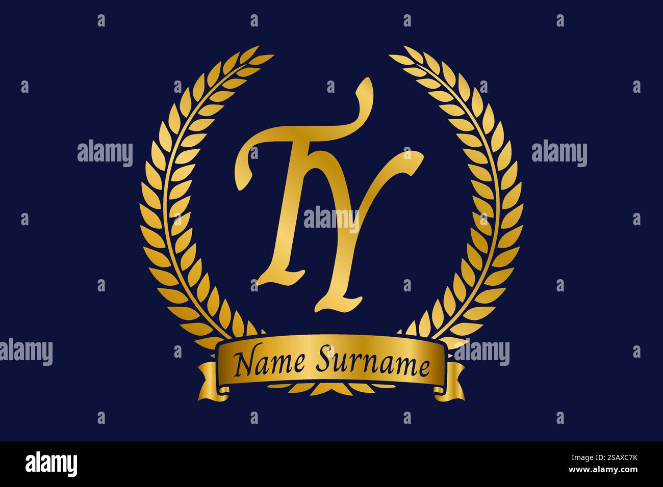 Initial letter T and Y, TY monogram logo design with laurel wreath. Luxury golden emblem with ...