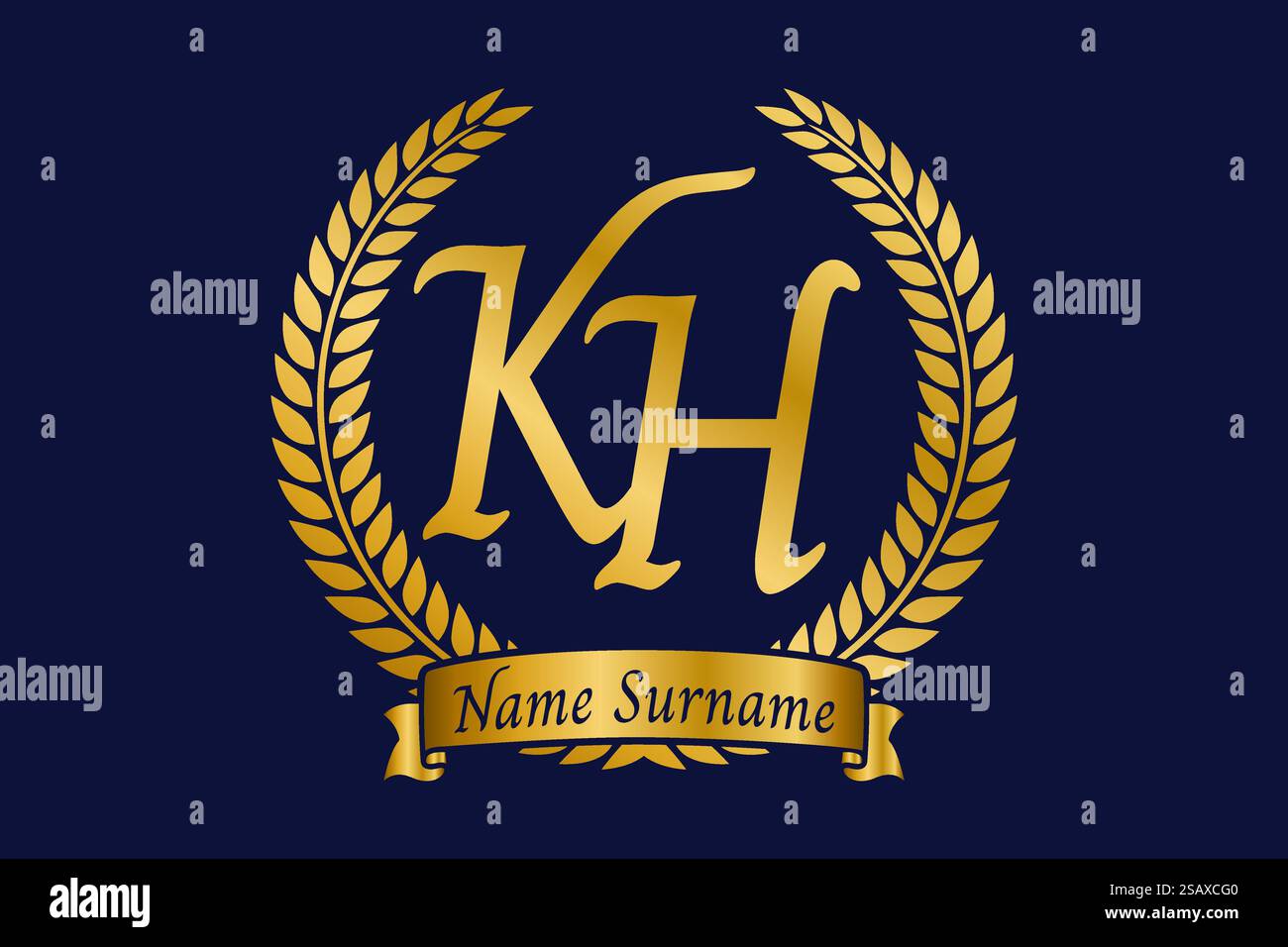 Initial letter K and H, KH monogram logo design with laurel wreath. Luxury golden emblem with ...