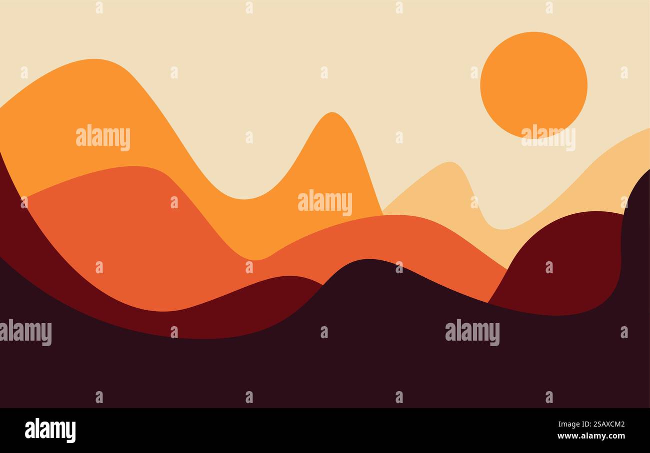 Mountain landscape illustration with sun modern art print. mountain ...