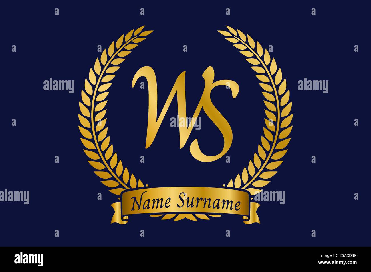 Initial letter W and S, WS monogram logo design with laurel wreath. Luxury golden emblem with ...
