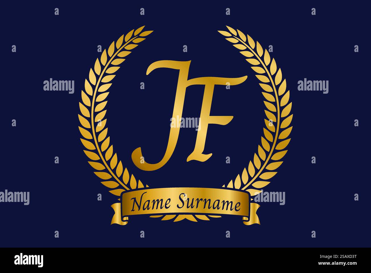 Initial letter J and F, JF monogram logo design with laurel wreath. Luxury golden emblem with ...