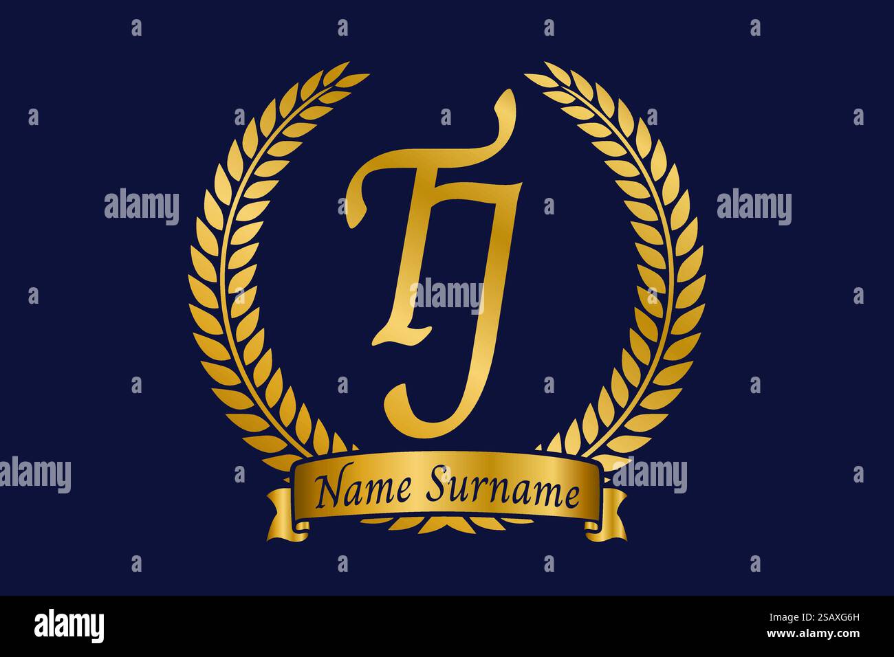Initial letter T and J, TJ monogram logo design with laurel wreath. Luxury golden emblem with ...