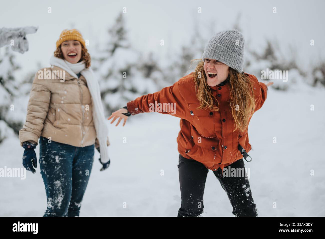 Two friends enjoying a snow-filled day outdoors, having fun and ...