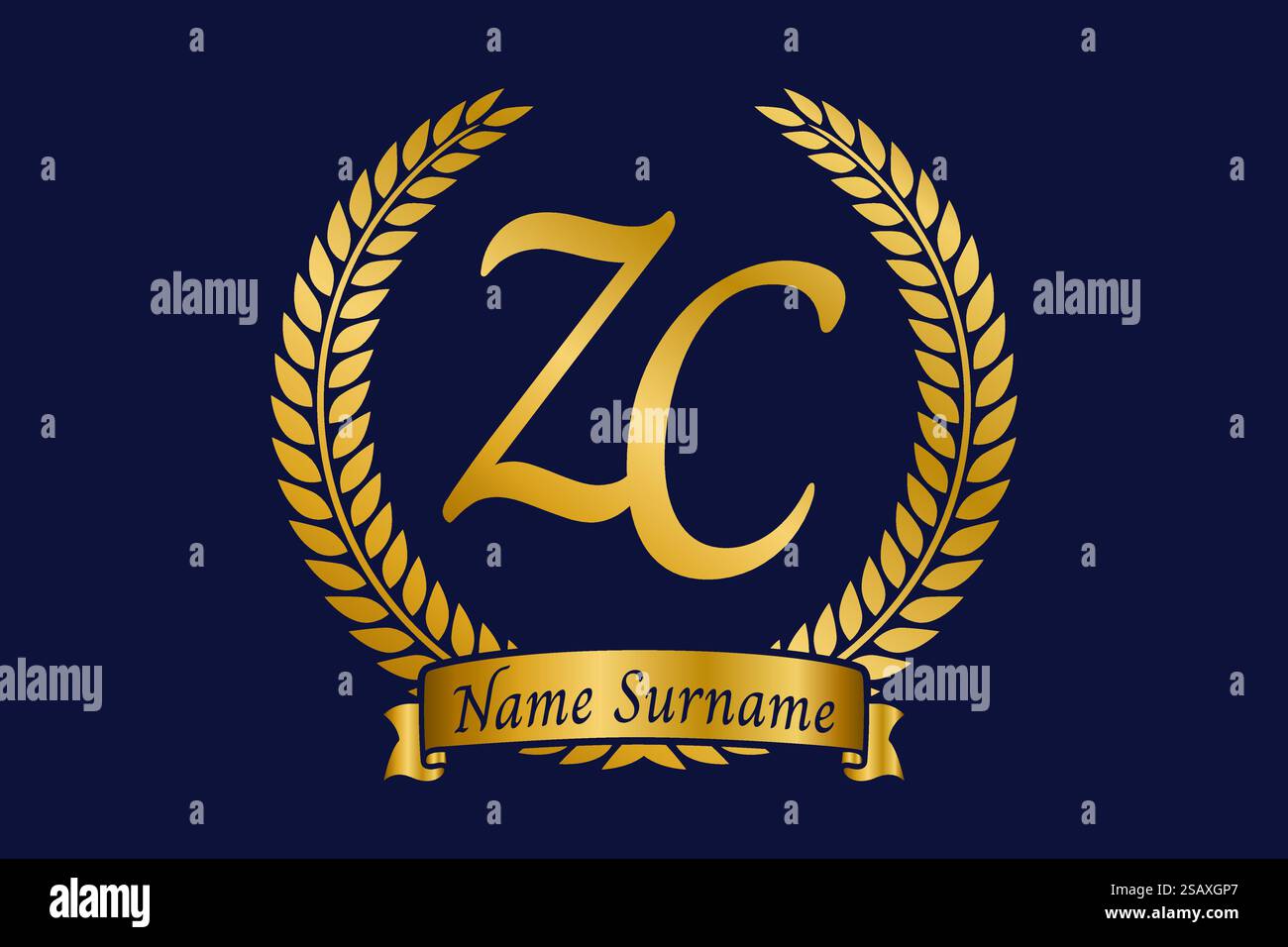Initial letter Z and C, ZC monogram logo design with laurel wreath. Luxury golden emblem with ...