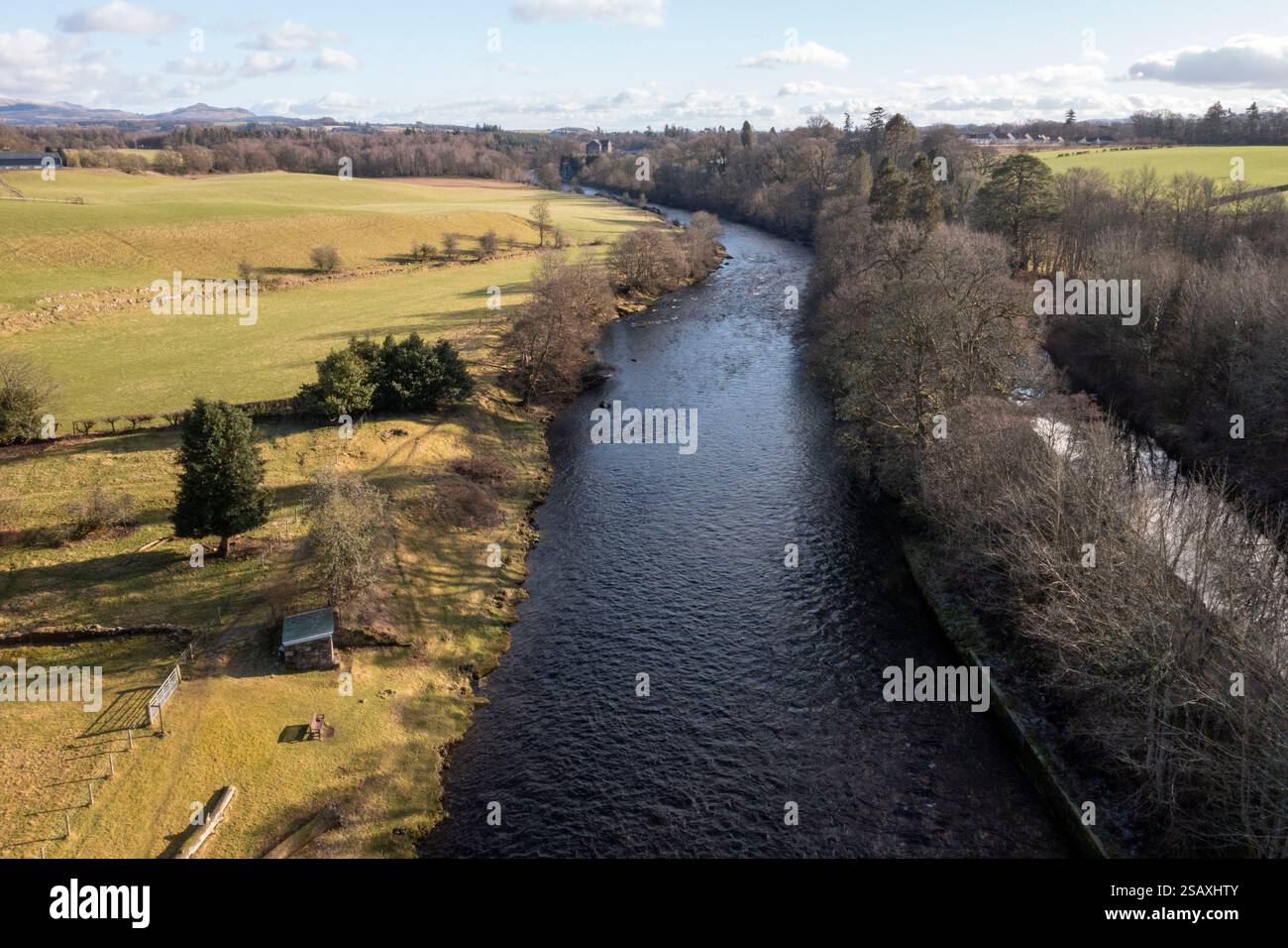 Aerial drone view of the River Teith near Buchany, Stirling district ...