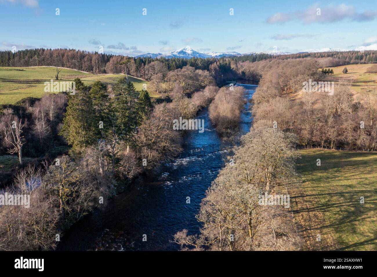 Aerial drone view of the River Teith near Buchany, Stirling district ...