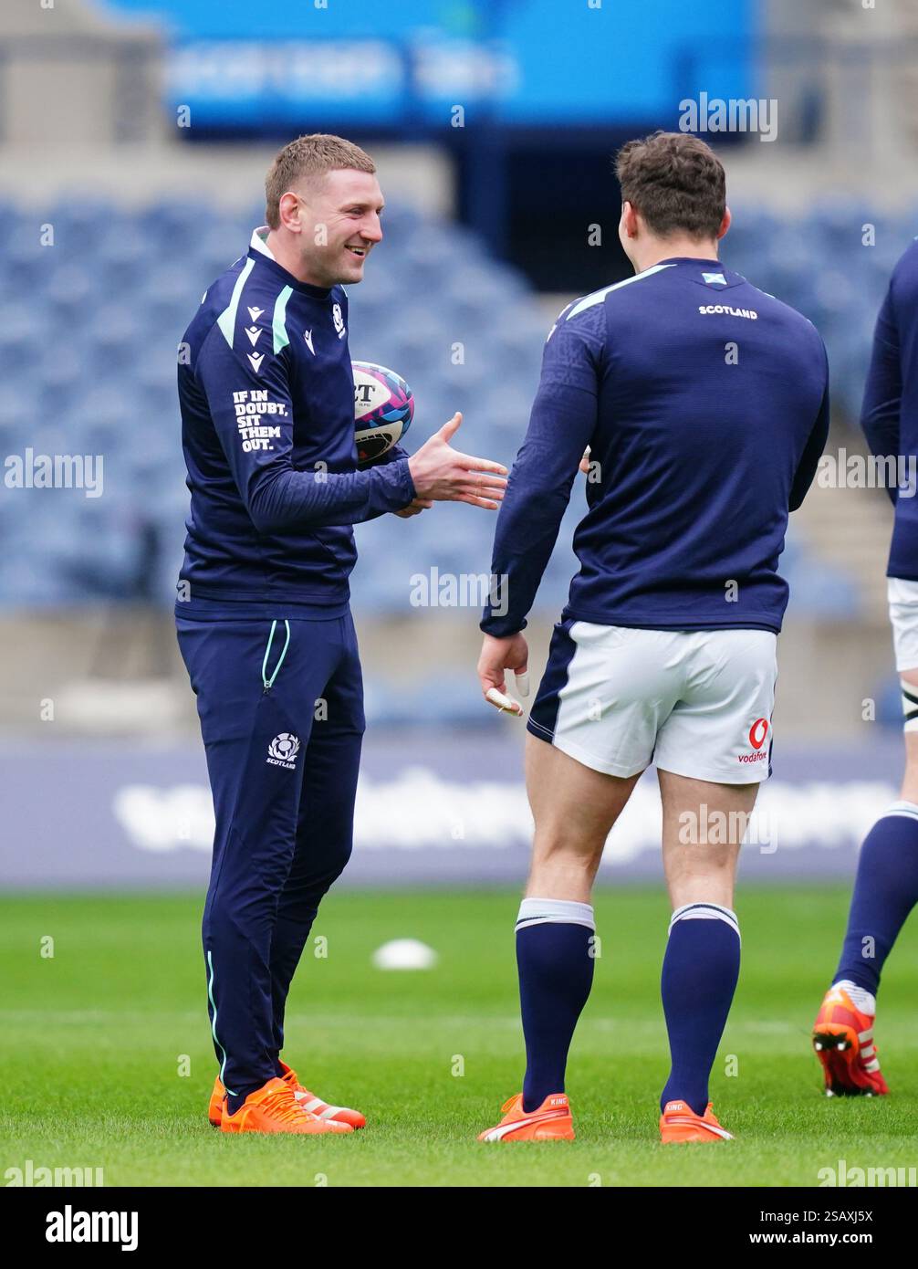 Scotland captain Finn Russell (left) during a training session at ...