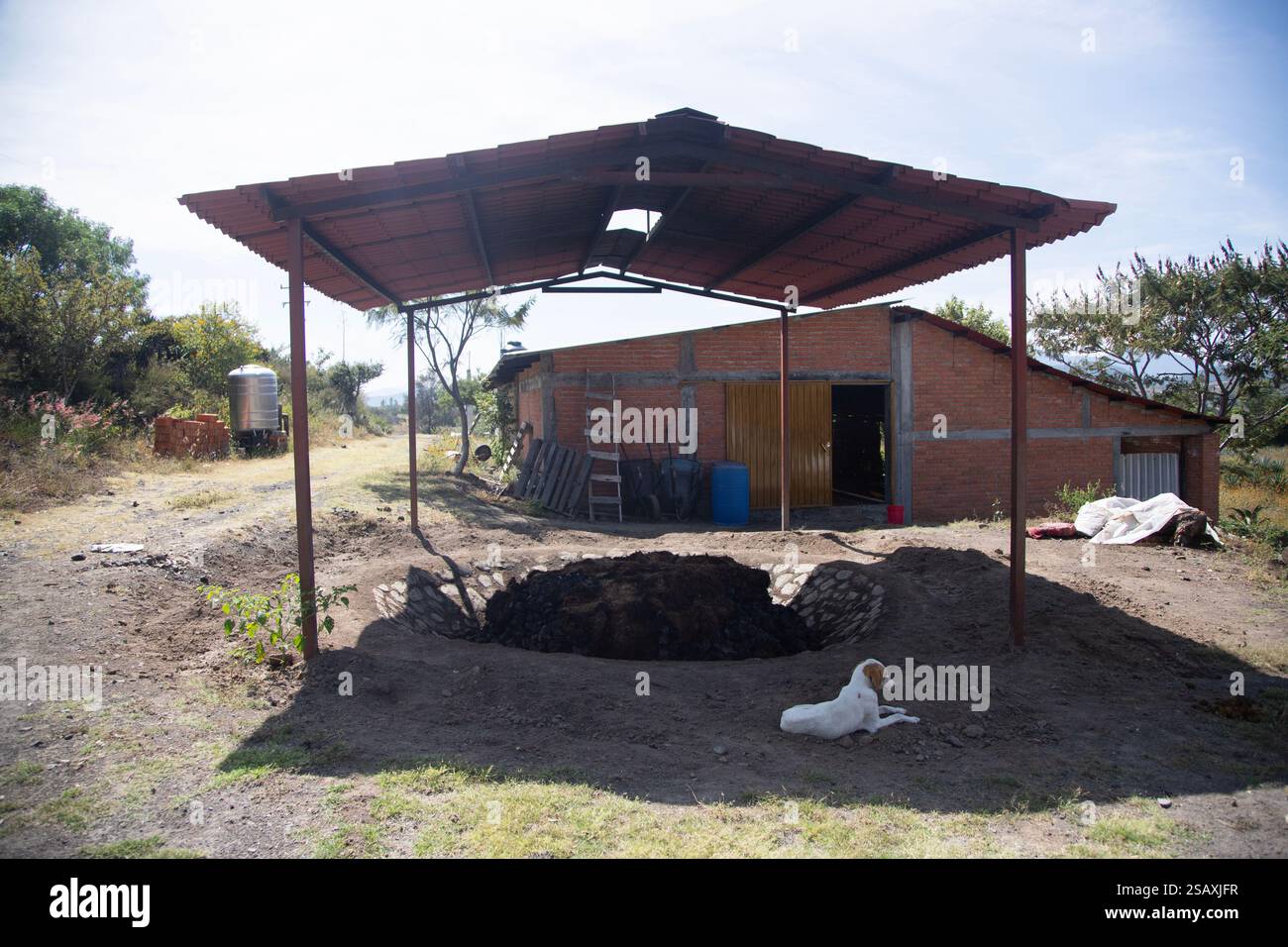 Stone oven in the ground for cooking maguey in an artisanal Mezcal ...