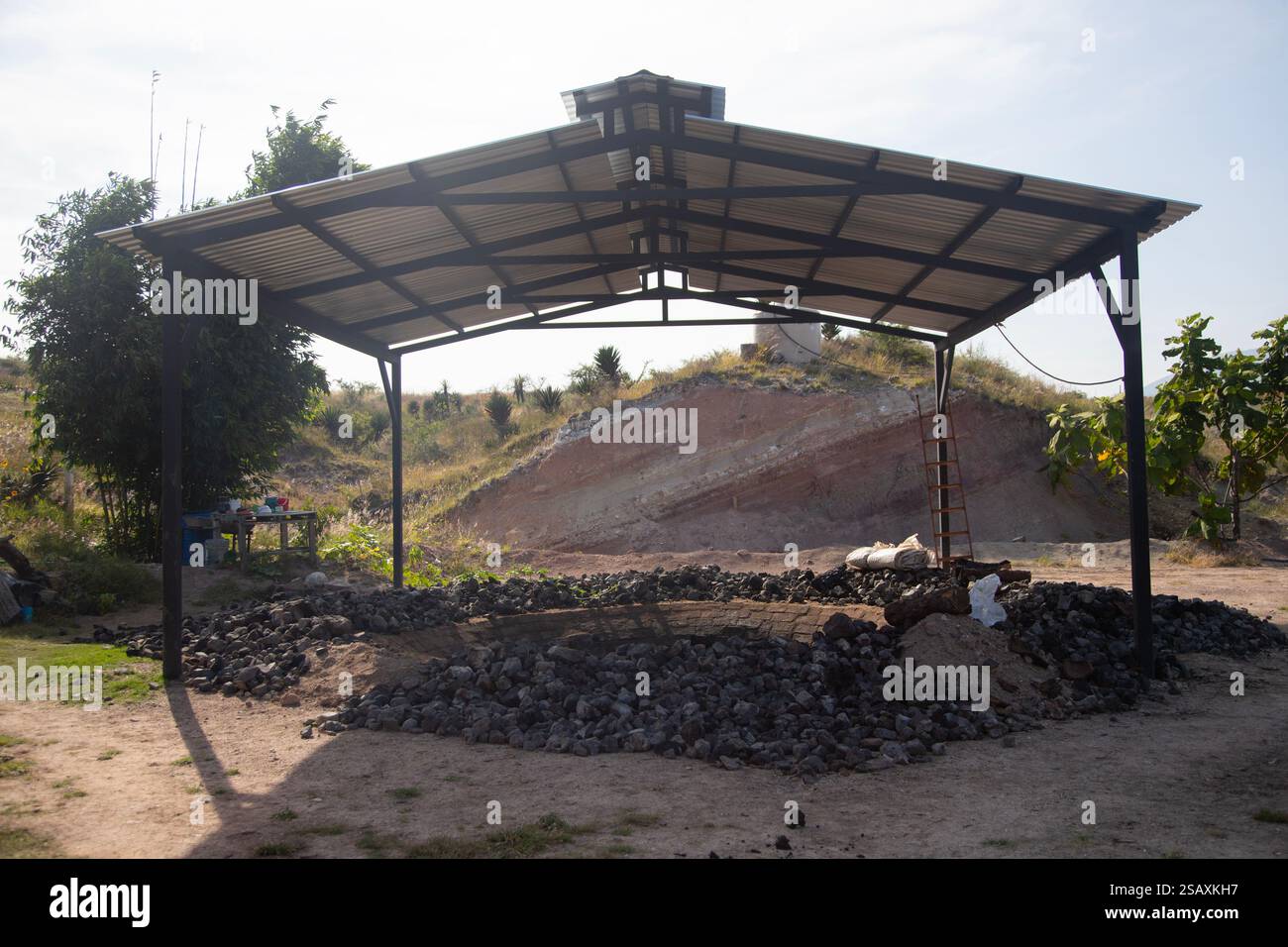 Stone oven in the ground for cooking maguey in an artisanal Mezcal ...