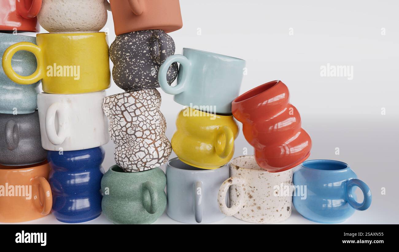 Ceramic Mugs With Various Glazes Wallpaper 8K Stock Photo - Alamy