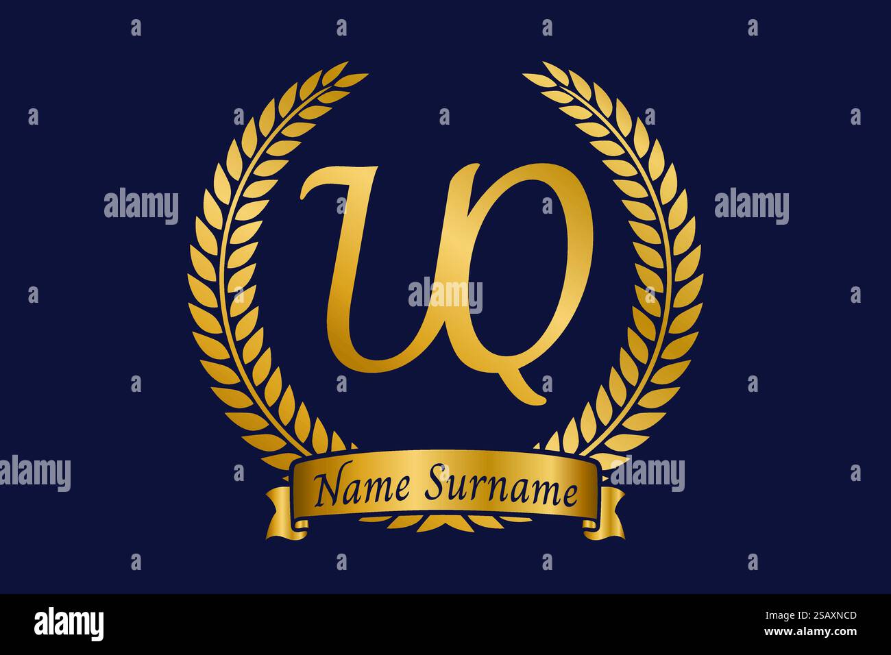Initial letter U and Q, UQ monogram logo design with laurel wreath. Luxury golden emblem with ...