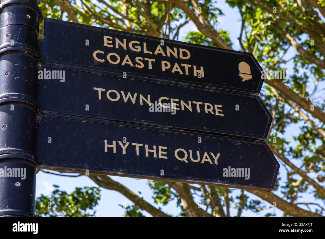 Signposts in the pretty town of Maldon in Essex, UK, pointing visitors ...