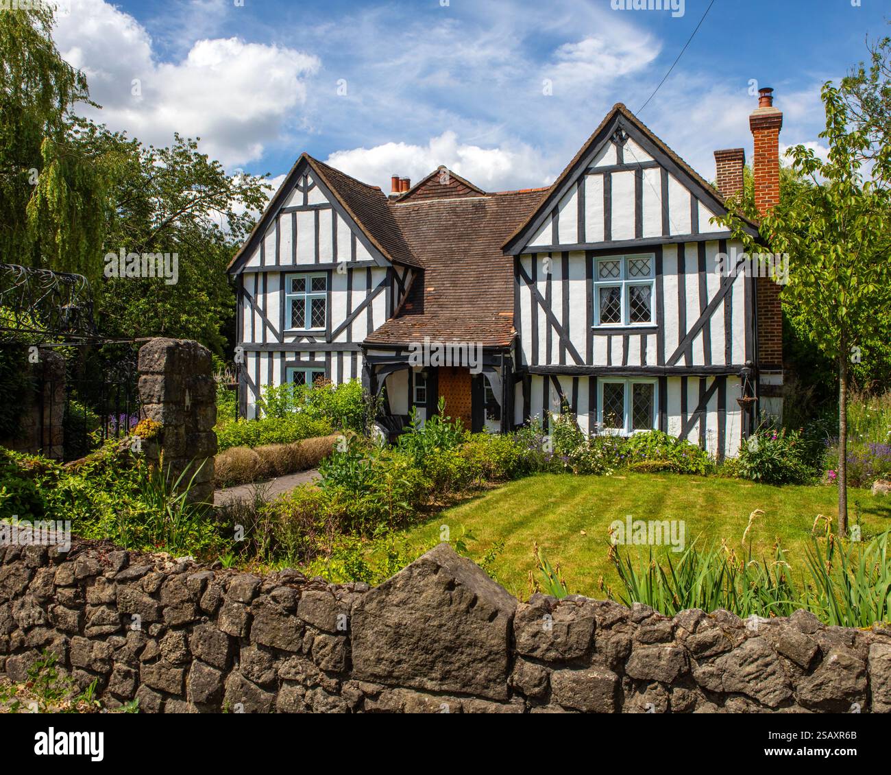 The medieval timber-framed exterior of Burr Hall in Runwell, Essex ...