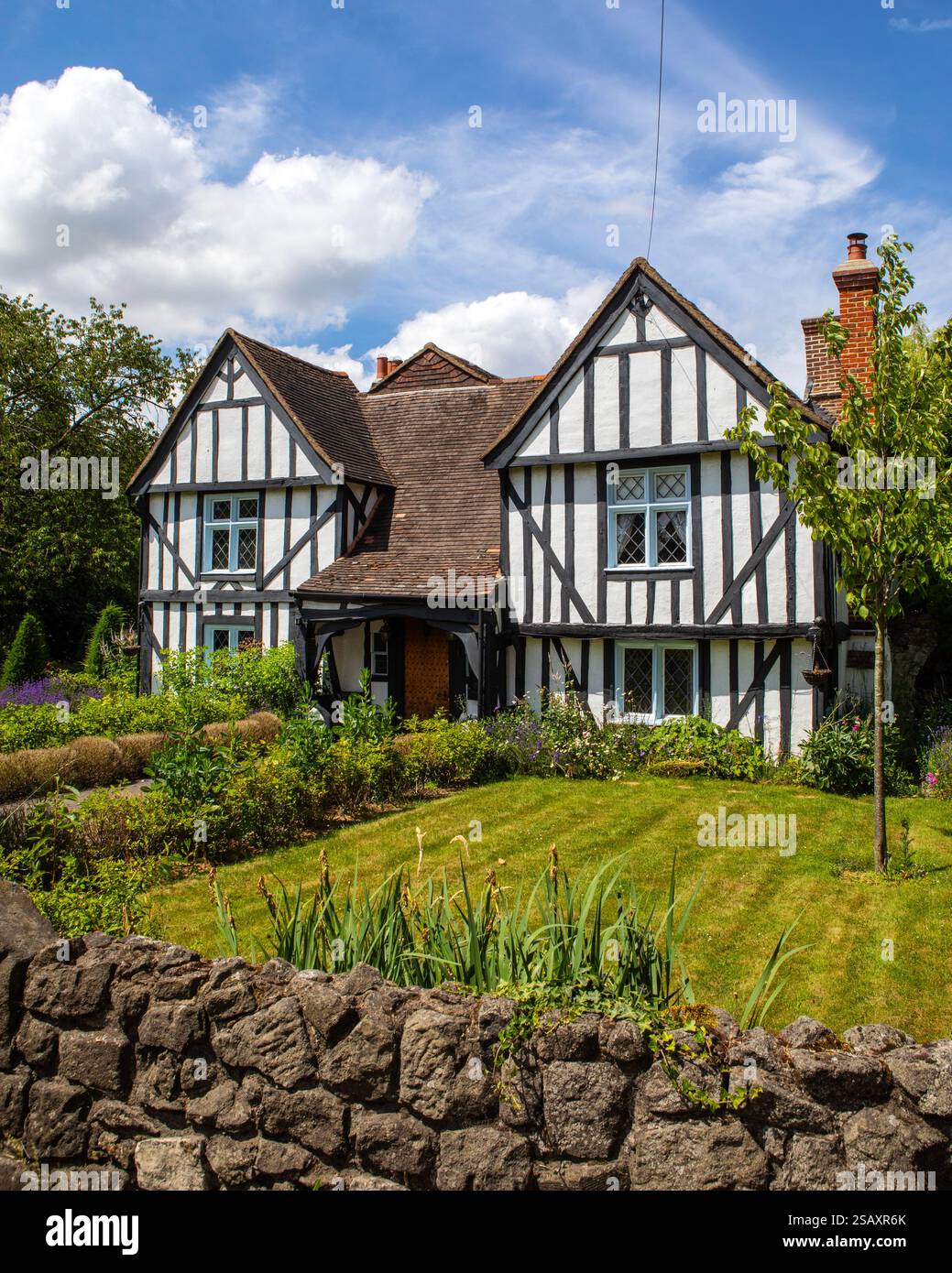 The medieval timber-framed exterior of Burr Hall in Runwell, Essex ...