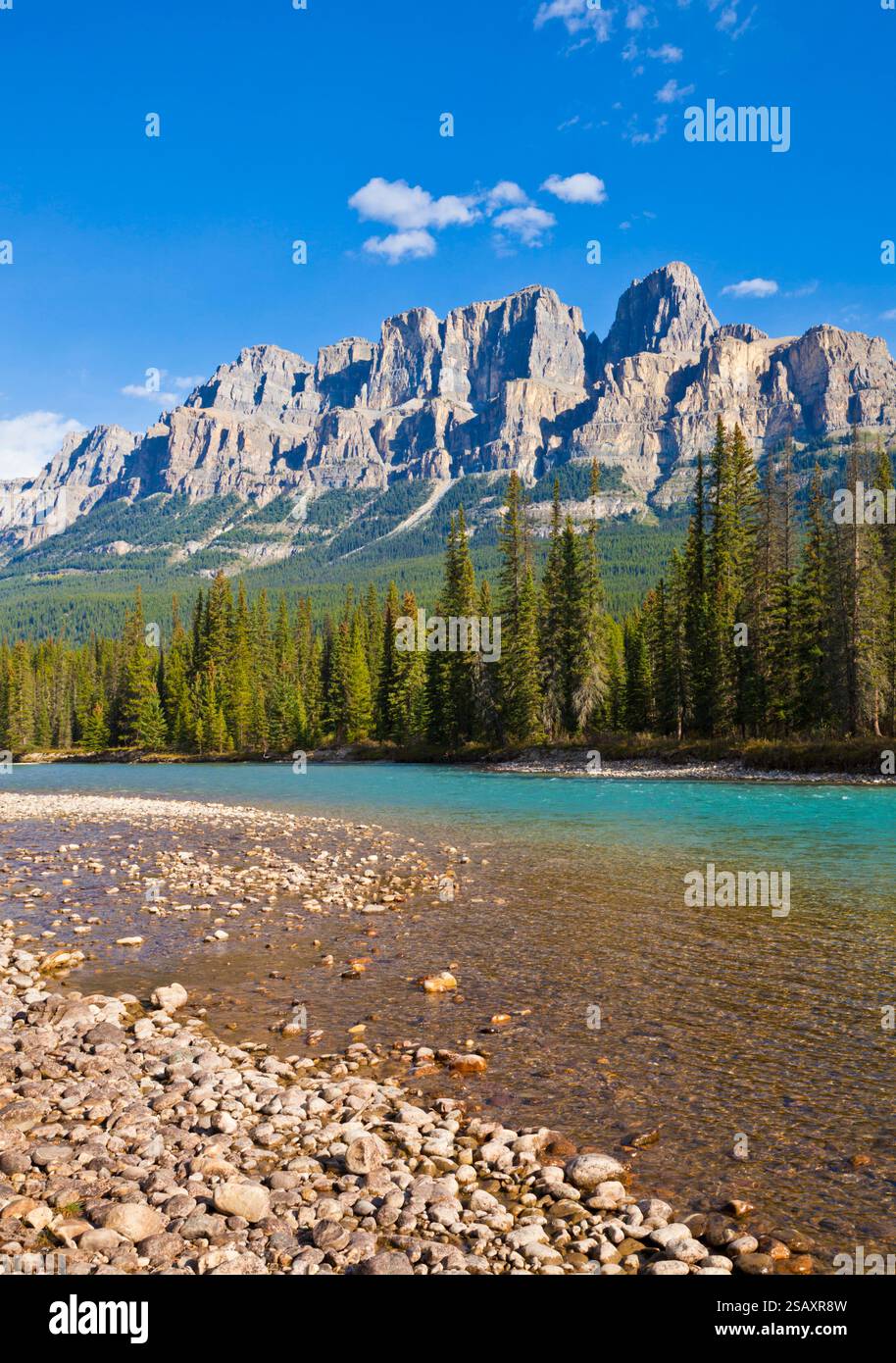 Castle Mountain behind the Bow river at Castle Junction Bow Valley ...