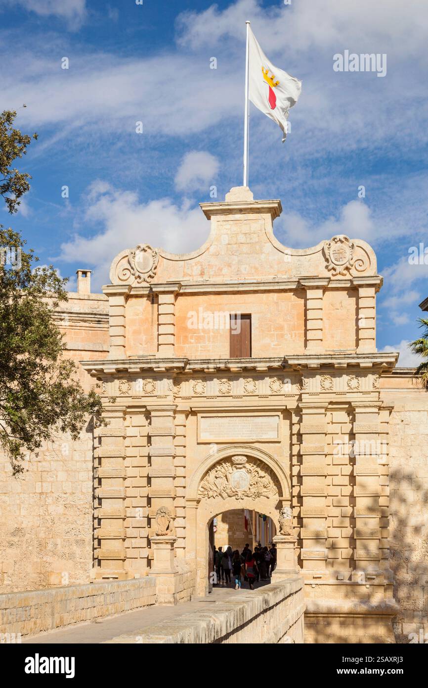 Malta Mdina Malta Maltese flag flying above the Main gate to the ...
