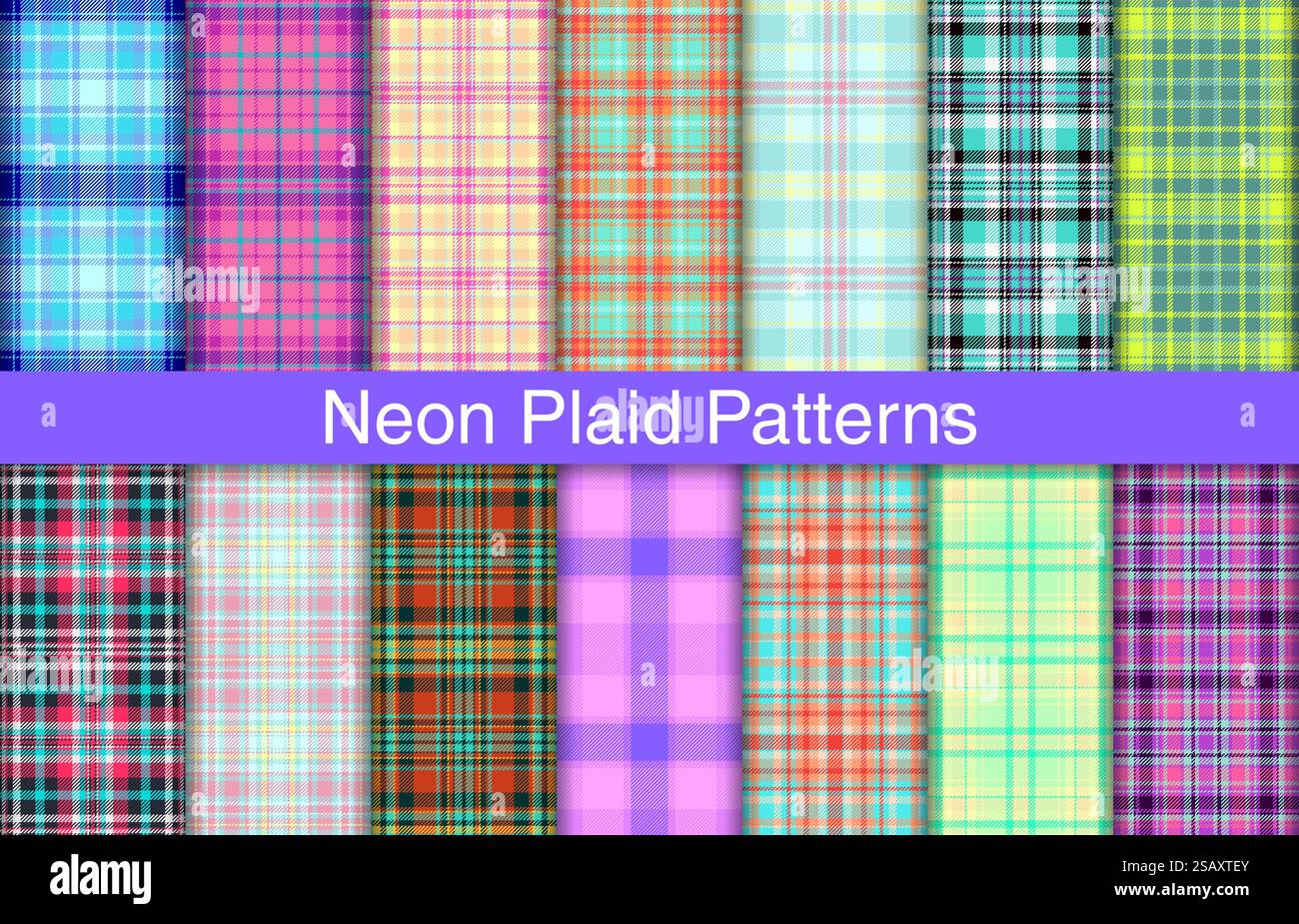 Neon plaid collection, textile design, checkered fabric pattern for ...