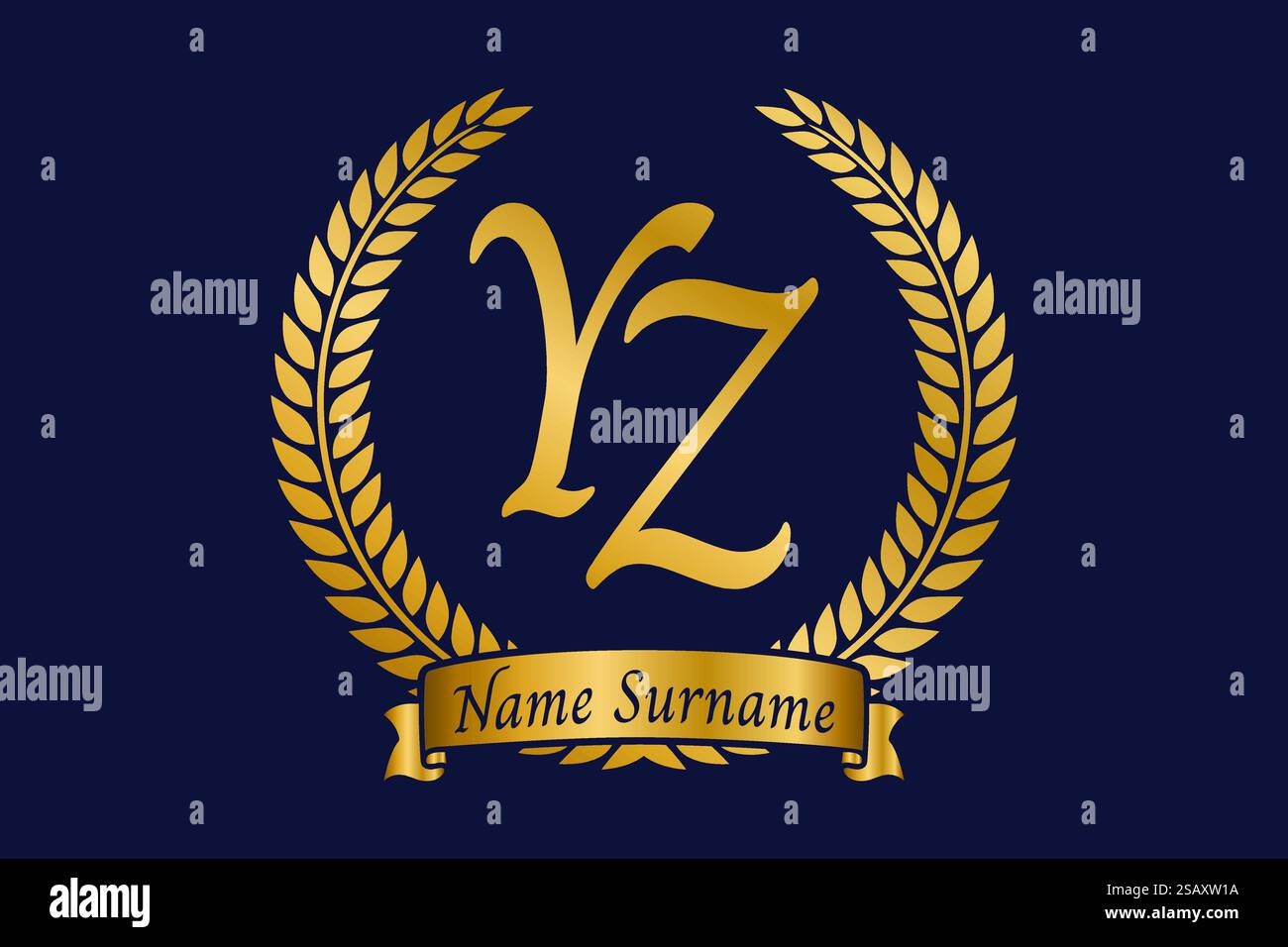 Initial letter Y and Z, YZ monogram logo design with laurel wreath. Luxury golden emblem with ...