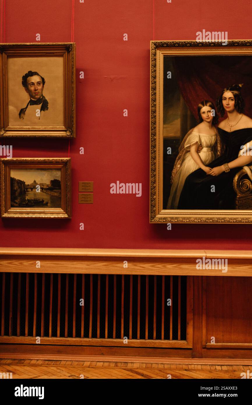 paintings on red background in art museum. High quality photo Stock ...