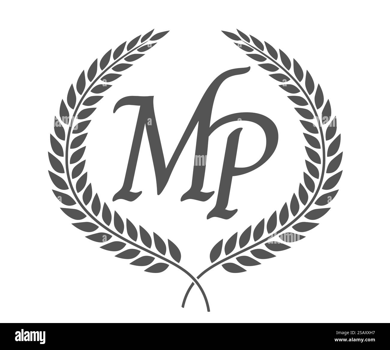 Initial letter M and P, MP monogram logo design with laurel wreath. Luxury emblem with ...