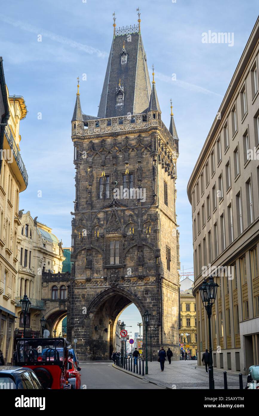 Powder Gate gothic tower (Prasna brana), historical landmark in Prague, capital of Czech ...