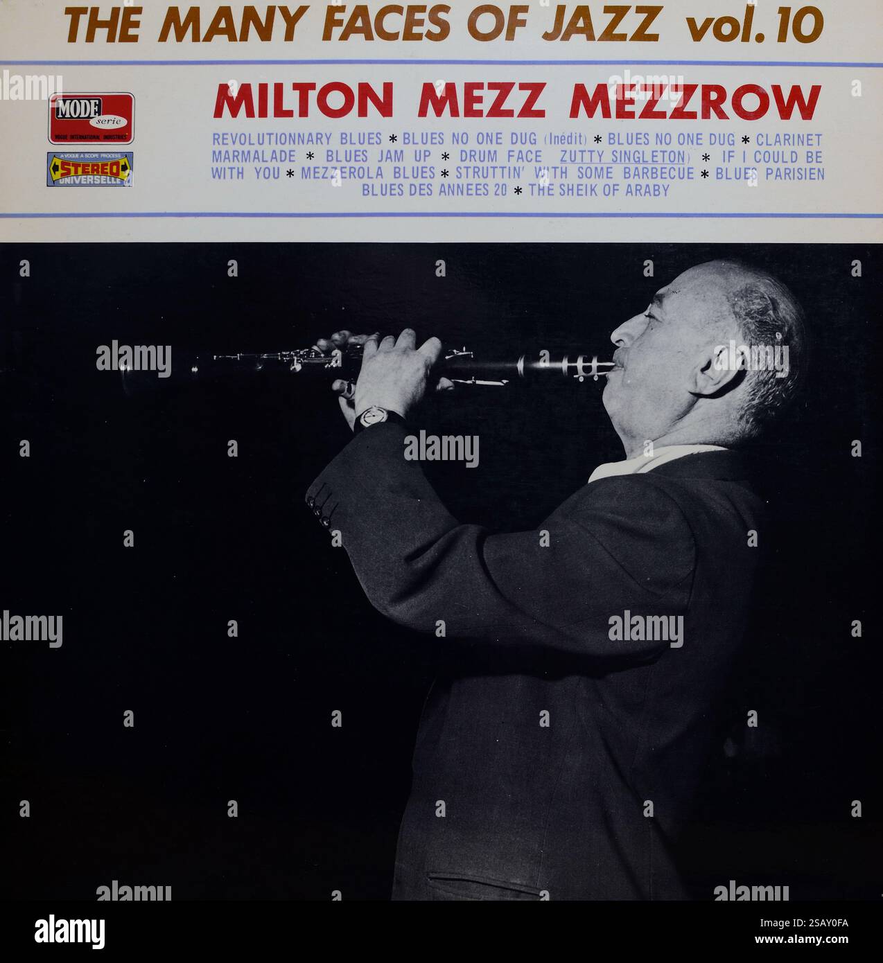 Vintage vinyl record cover. Milton Mezz Mezzerow, the manny faces of Jazz, vol. 10, 1951 Stock ...