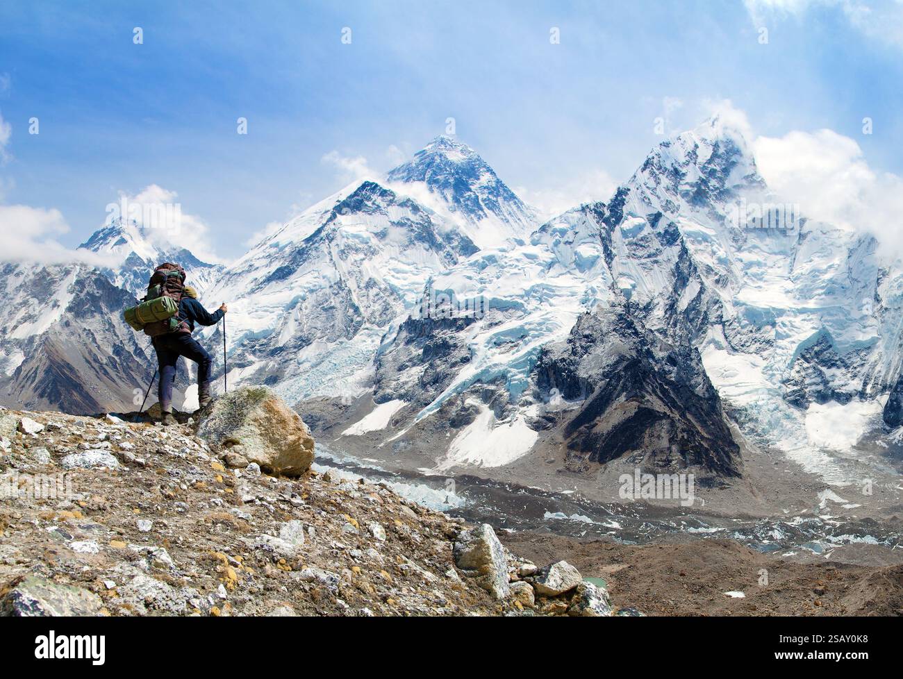 Panoramic view of Mount Everest from Kala Patthar with tourist on the ...